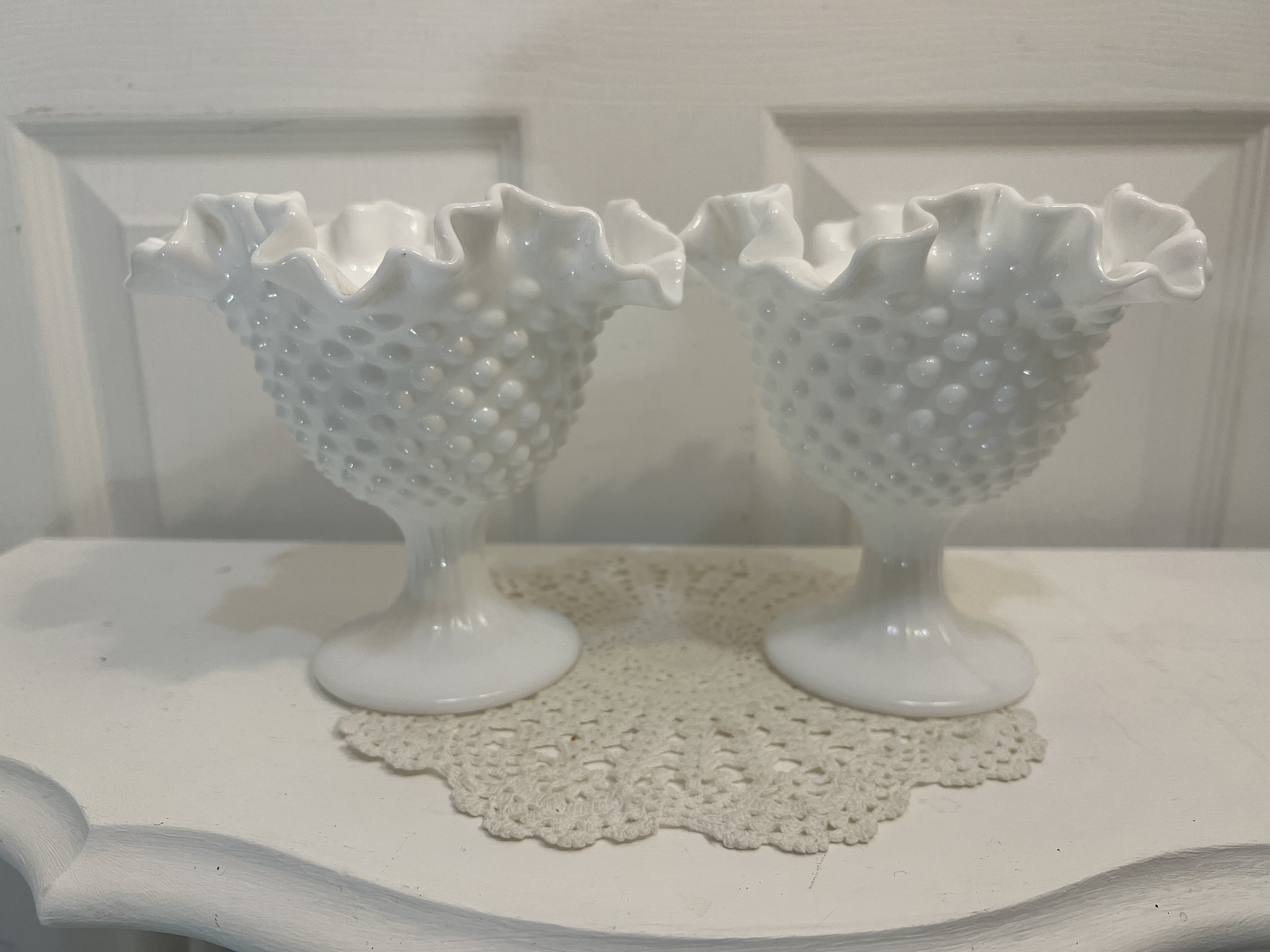 Vintage Fenton Hob Nail Milk Glass Ruffled Candle Holder Pair, 1960s ...