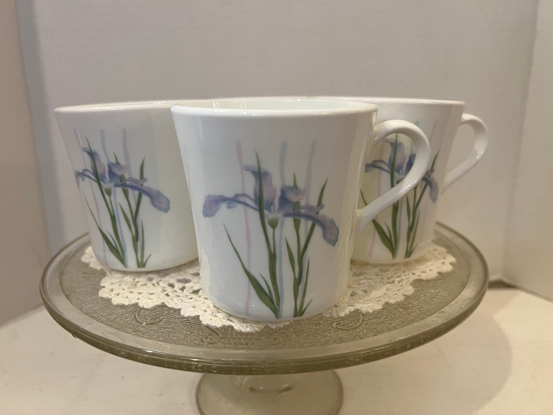 Set of 4 Vintage Corelle Shadow Iris Mugs, Corelle Dishes, Purple Iris ...