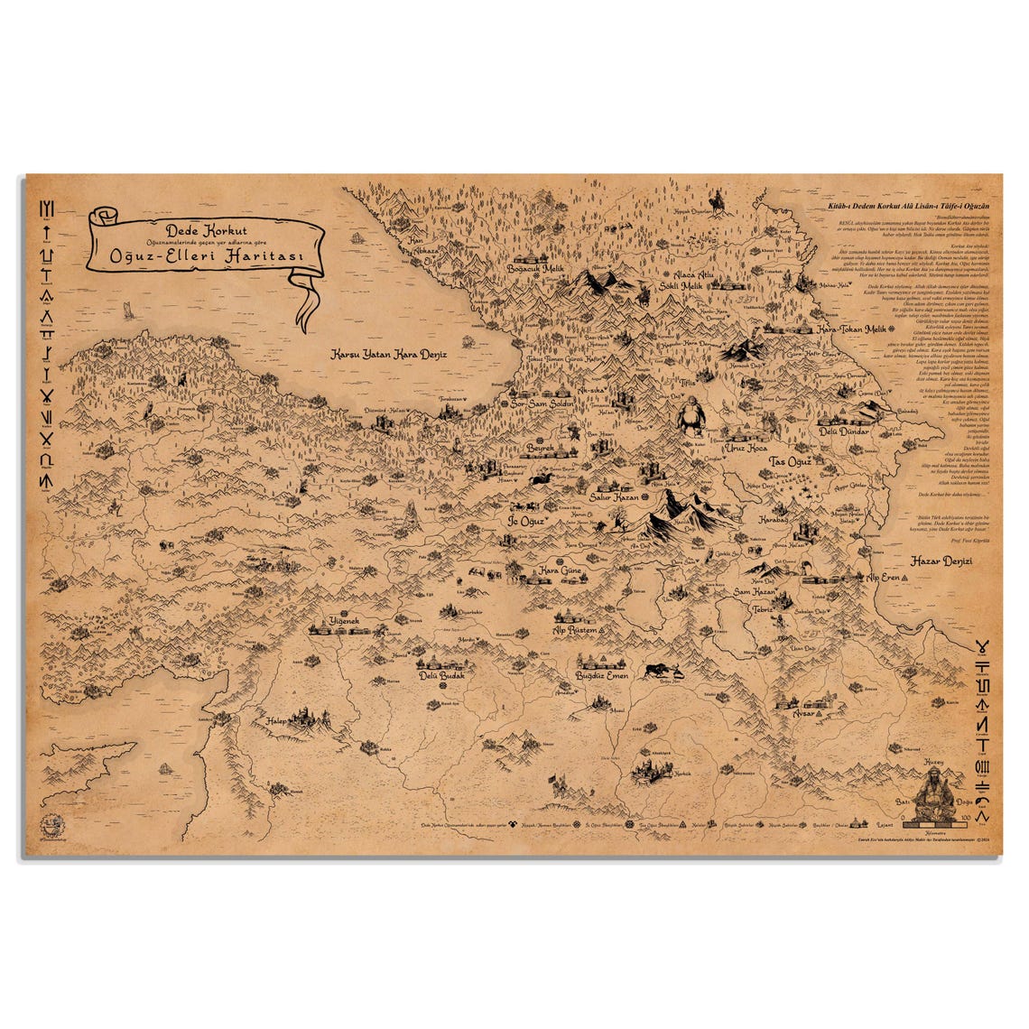 Turkish Folk Legends Hero, Dede Korkut Ata Map 50*70cm, Oğuz Elleri ...