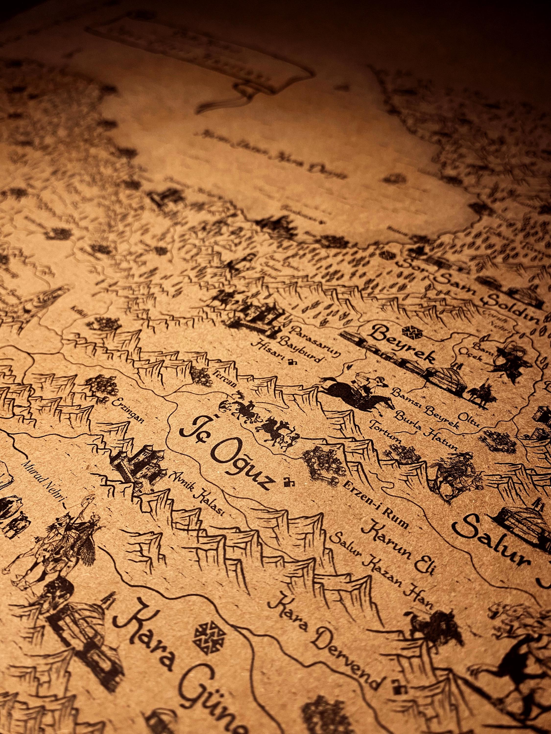 Turkish Folk Legends Hero, Dede Korkut Ata Map 50*70cm, Oğuz Elleri ...