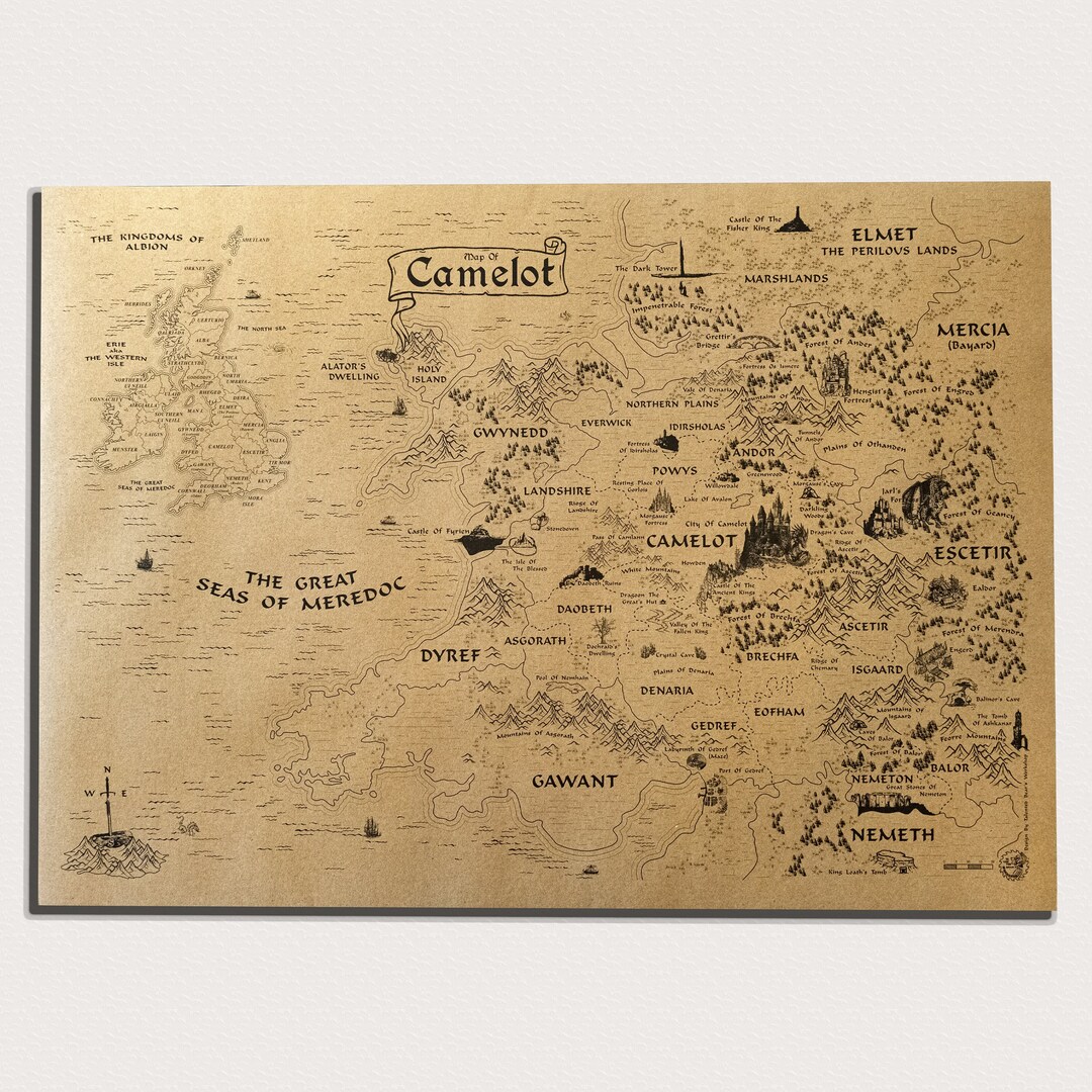 The Kingdoms of Albion Fantasy Map, Vintage Camelot Wall Art, Merlin ...