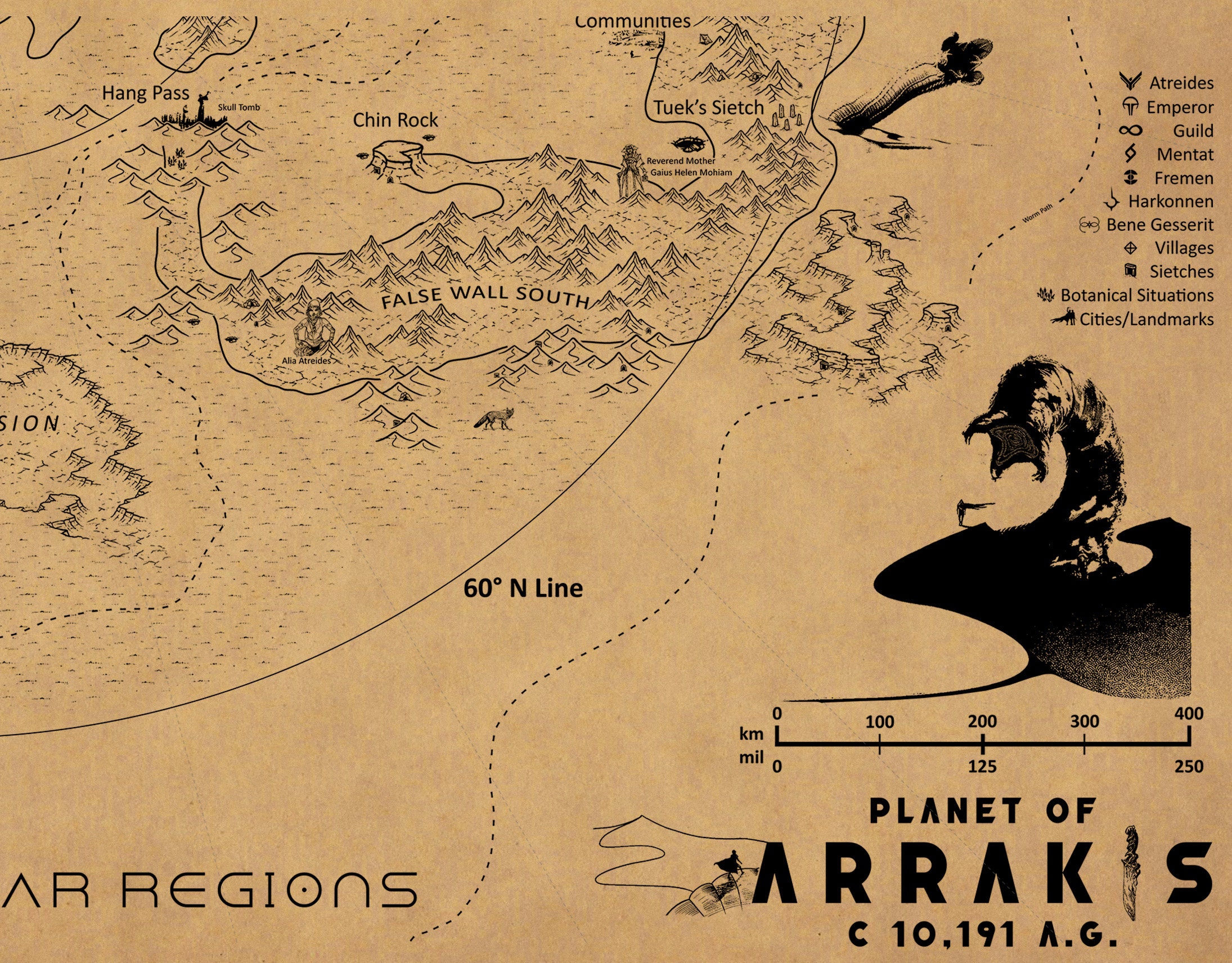 Map of Frank Herbert's DUNE Series, Arrakis World Map 70100cm, Caladan ...