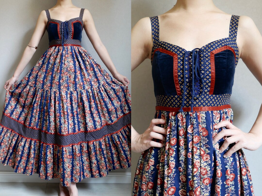 1970s Gunne Sax Cabbage Rose Calico Dark Blue Velveteen Prairie Style ...