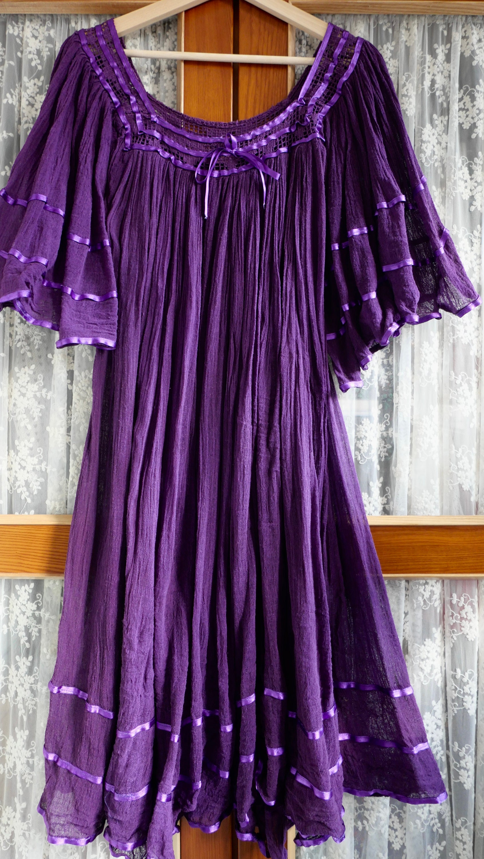 1970s Dark Purple Angel Sleeves Mexican Gauze Dress - Etsy