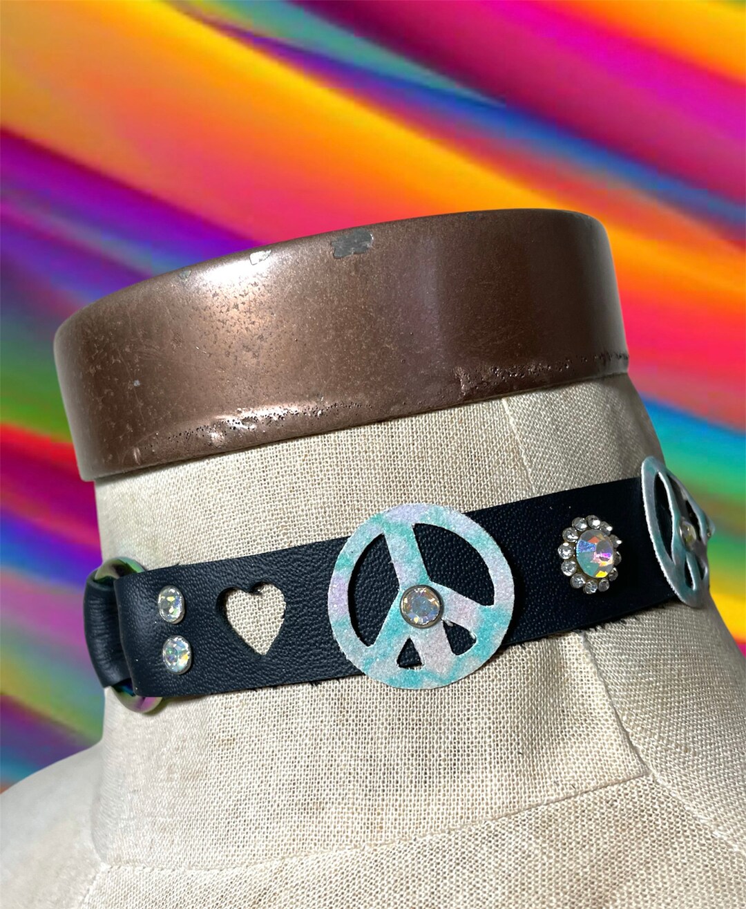 Black Leather Peace Sign Heart Choker - Etsy