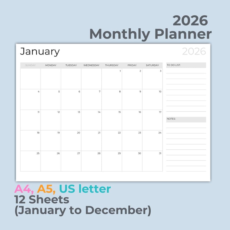 2026 Monthly Planner Printable | Minimalist Calendar (A4, A5, US Letter ...