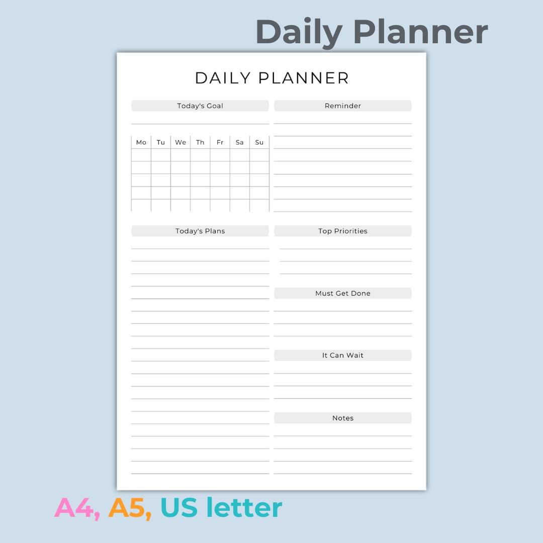 Minimalist Daily Planner Printable, to Do List (A4, A5, US Letter PDF ...