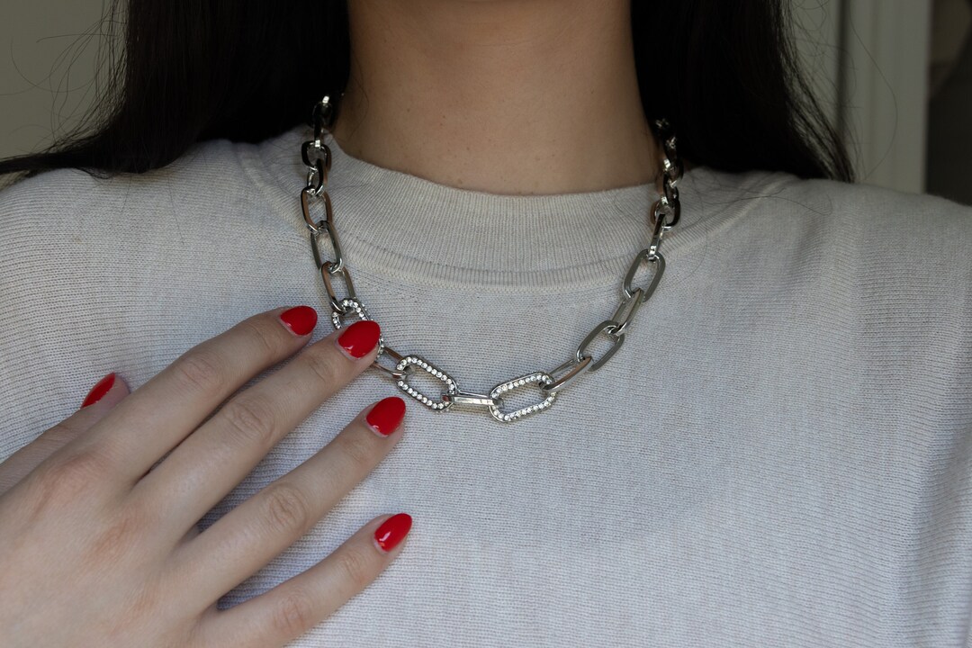 Diamond CZ Chain Link Necklace, Chunky Chain Link Necklace, Statement ...