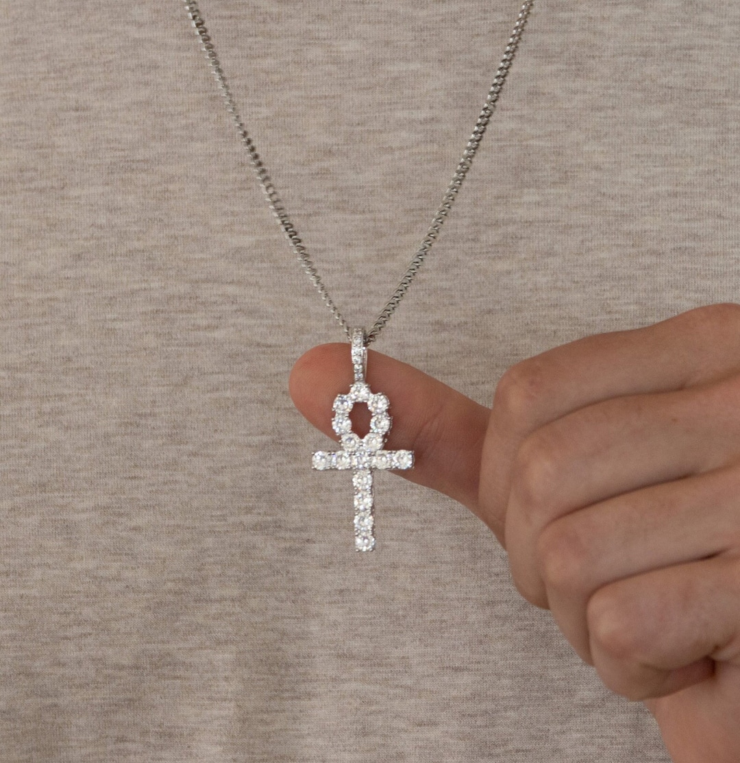 Diamond CZ Ankh Cross Pendant Cuban Link Chain Necklace, Ankh Cross ...