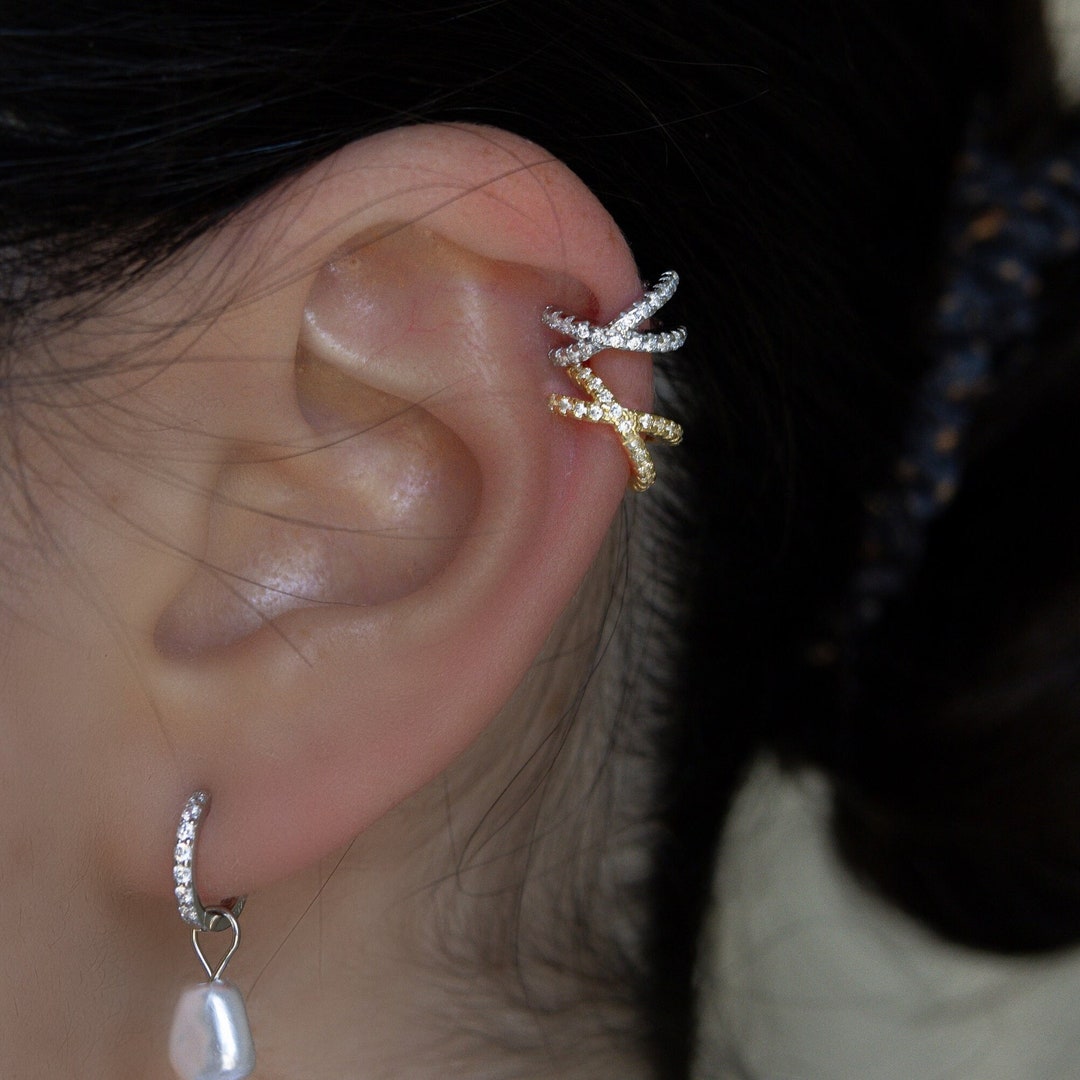 X Ear Cuff, Pave CZ Ear Cuff, Dainty Ear Cuff, Minimalist Ear Cuff, Delicate Ear Cuff, No ...