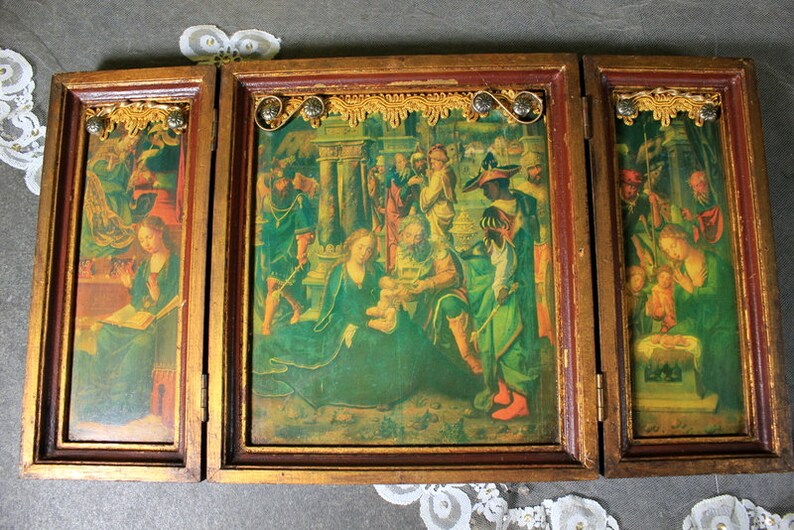 Antique Wooden Triptych Madonna With Child Golden Triptych - Etsy