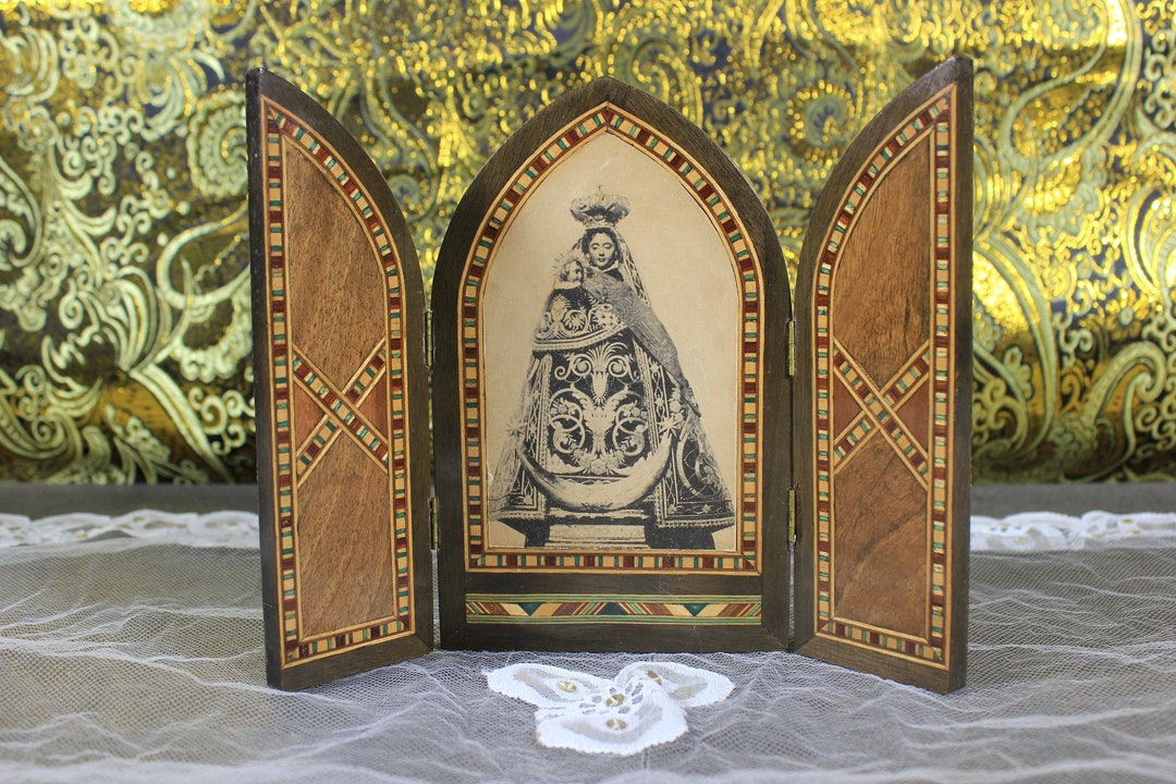 Antique Wooden Triptych, Madonna With Child, Wooden Triptych, Altar ...