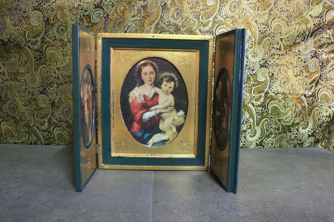 Wooden Triptych, Antique Virgin and Child Triptych, Work of Murillo ...