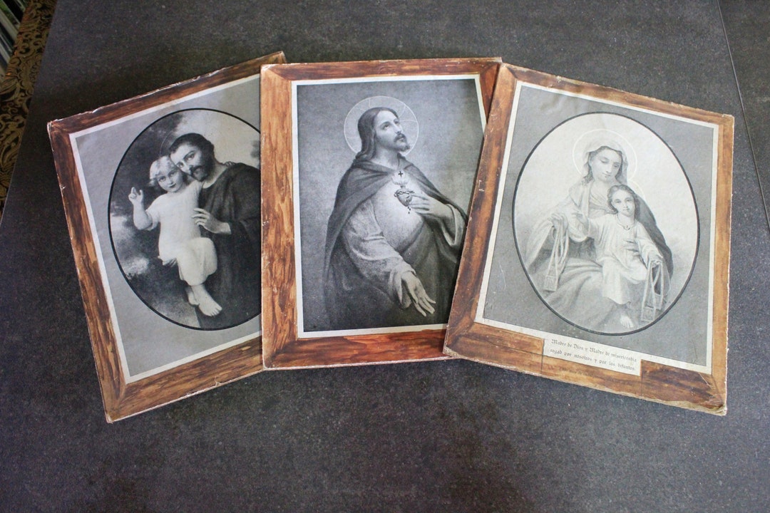 3 Religious Lithographs, Heart of Jesus, Saint Joseph and Child, Virgin ...