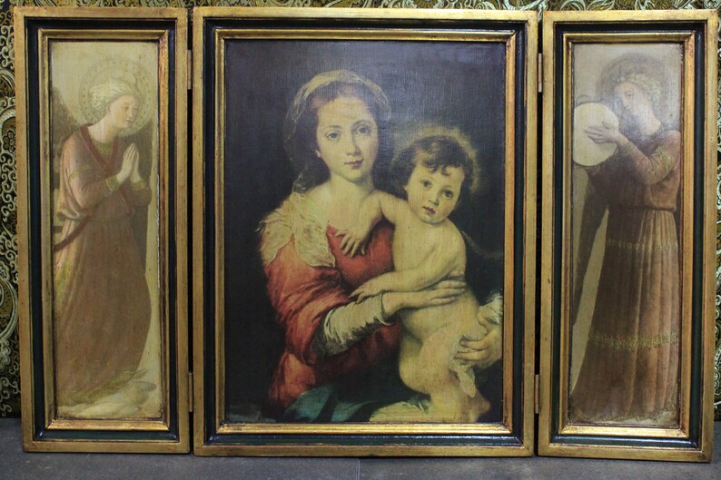 Wooden Triptych, Antique Virgin and Child Triptych, Work of Murillo ...