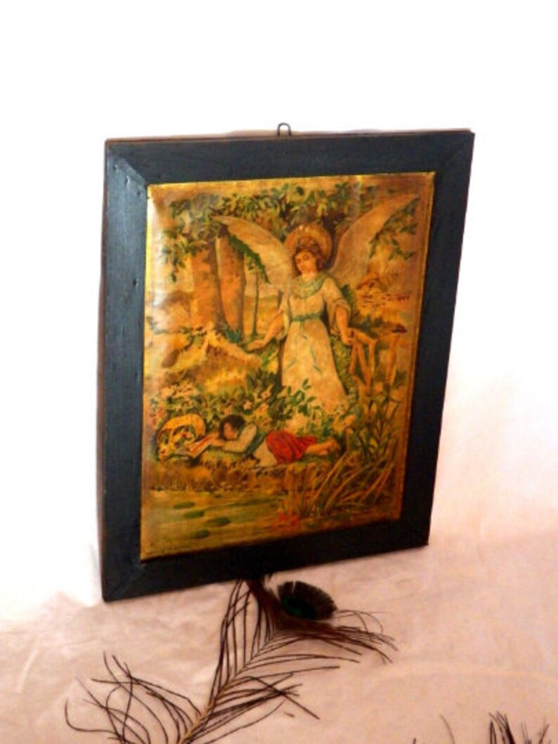 Antique Religious Lithography 19th, Guardian Angel, Art Nouveau ...