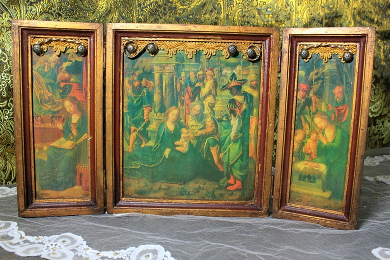 Antique Wooden Triptych Madonna With Child Golden Triptych - Etsy