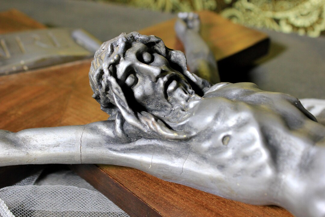 Large Plaster Crucifix, Antique Silver Christ, Wall Christ, Wooden ...