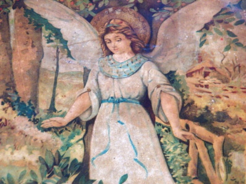 Antique Religious Lithography 19th, Guardian Angel, Art Nouveau ...