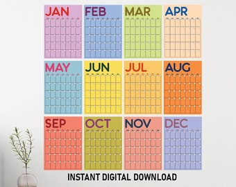 Large Monthly Wall Calendar Printable Bright, Undated Wall Calendar ...