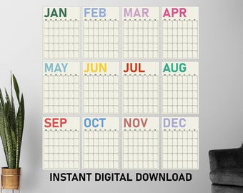 Large Monthly Wall Calendar Printable Bright, Undated Wall Calendar ...