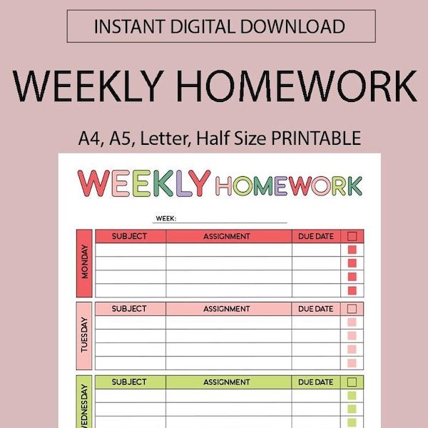 Homework Checklist Planner Printable, Print, Digital, Student Planner ...
