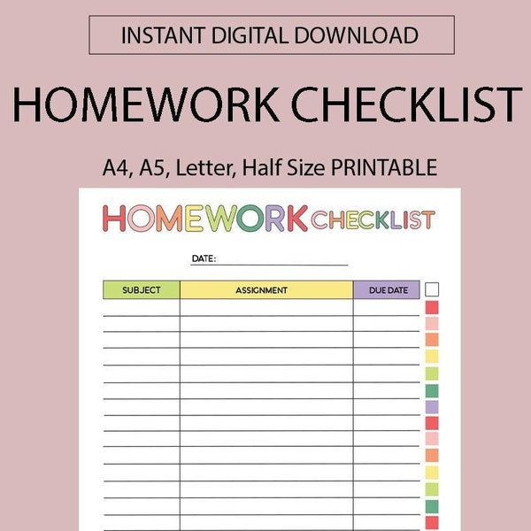 Homework Checklist Planner Printable, Print, Digital, Student Planner ...