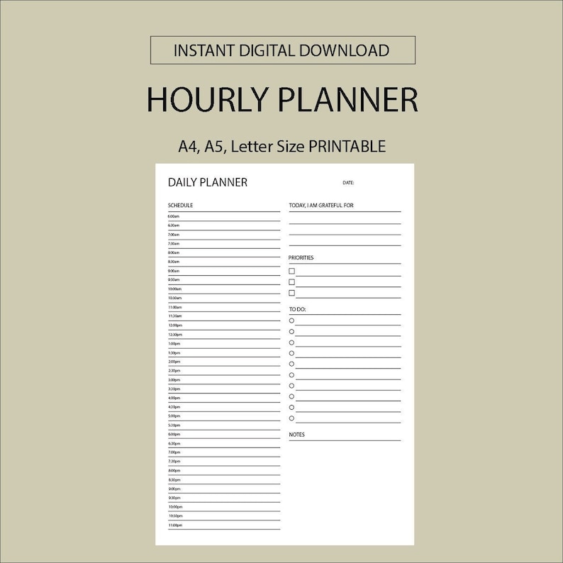 Daily Hourly Planner Printable, Work Planner, Productivity Planner ...
