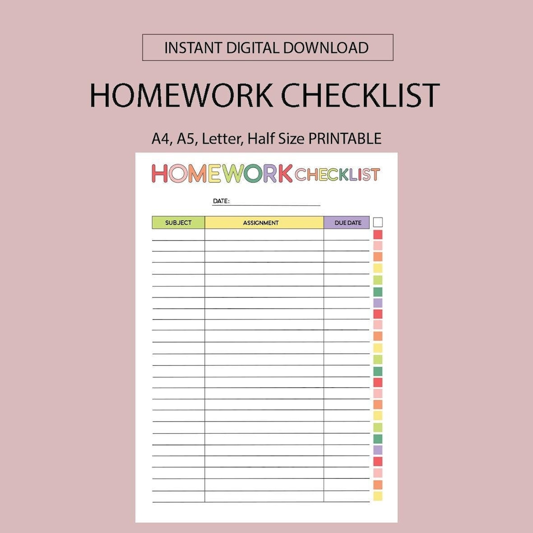 Homework Checklist Printable: School Planner (digital Download) - Etsy