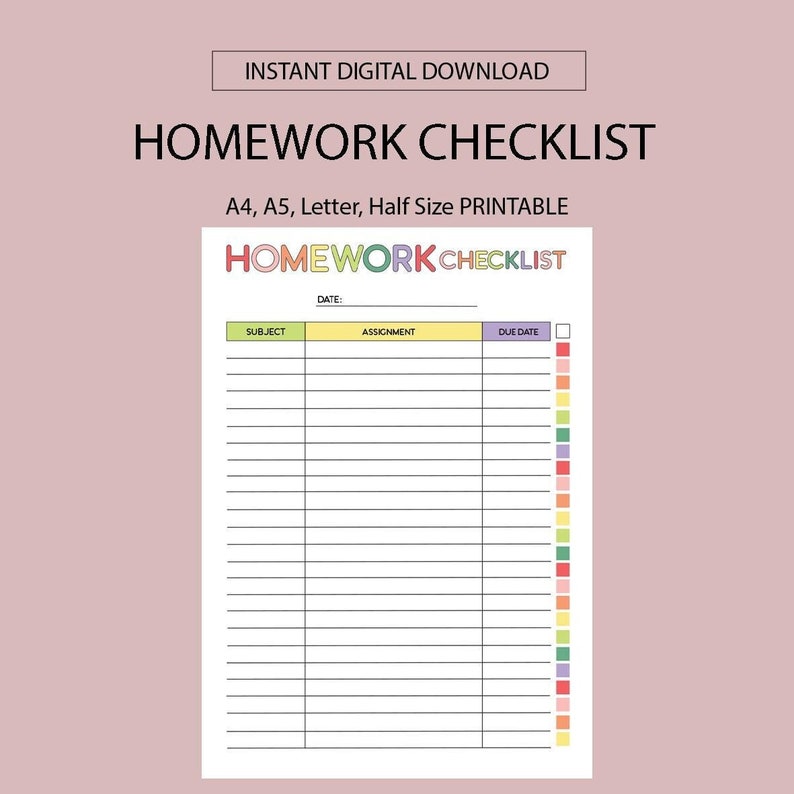 Homework Checklist Planner Printable, Print, Digital, Student Planner ...