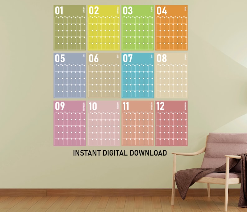 Compact Wall Mounted Monthly Planner Unbound Calendar, Undated Pastel ...