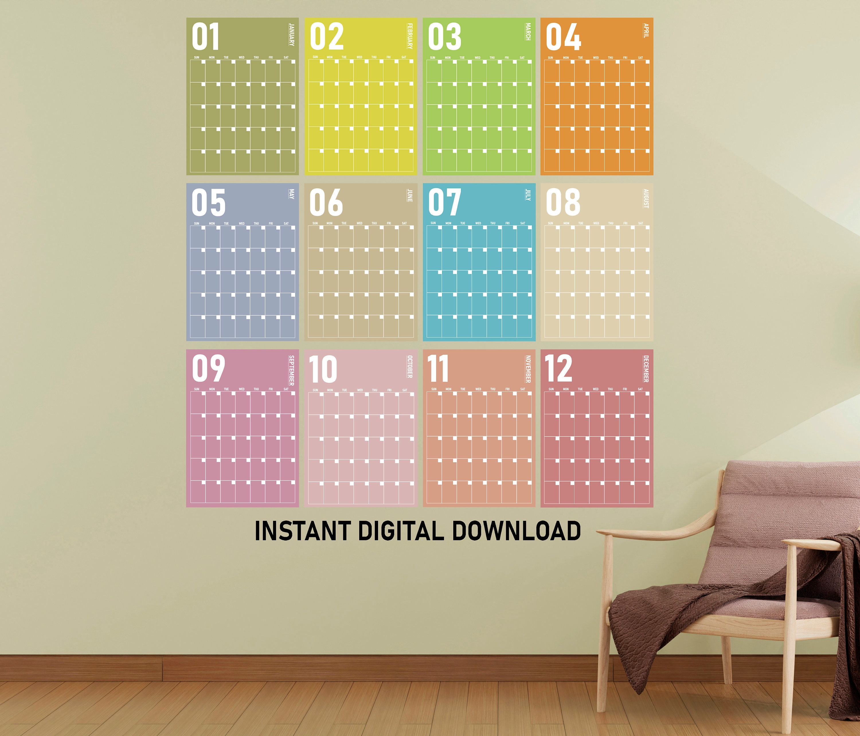 Compact Wall Mounted Monthly Planner Unbound Calendar, Undated Pastel ...
