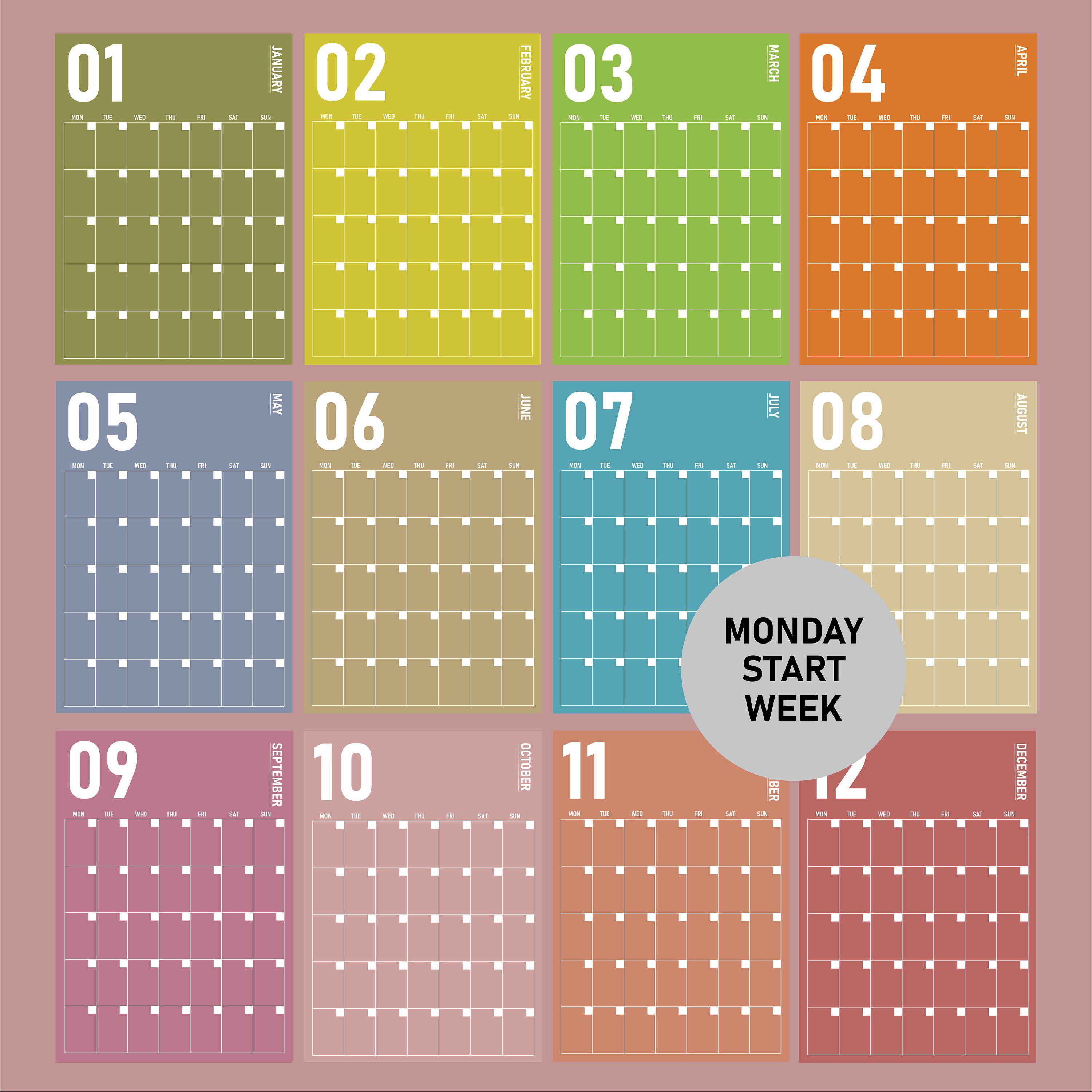 Compact Wall Mounted Monthly Planner Unbound Calendar, Undated Pastel ...