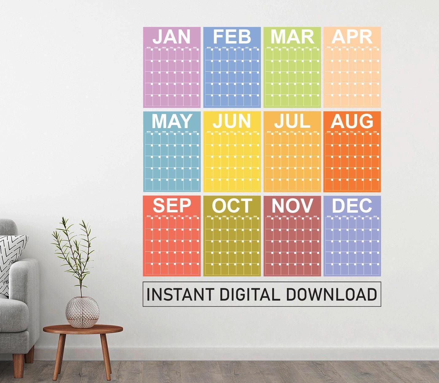 Large Monthly Wall Planner Printable Bright, Pastel Wall Calendar 2025 ...