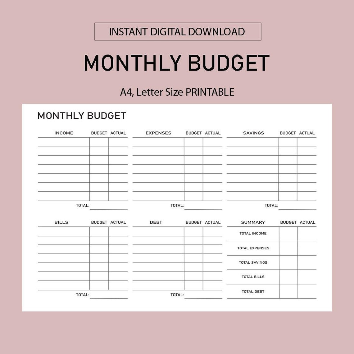 Monthly Budget Planner PDF Printable A4/a5/letter/half, Budget Tracking ...