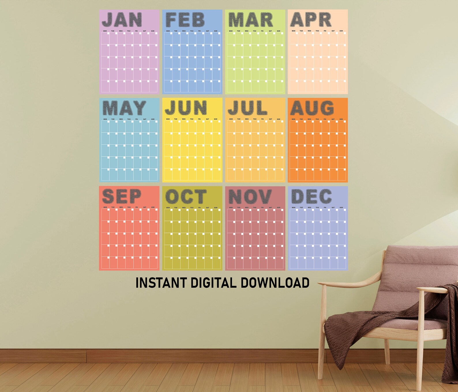 Large Monthly Wall Planner Printable Bright, Pastel Wall Calendar 2025 ...