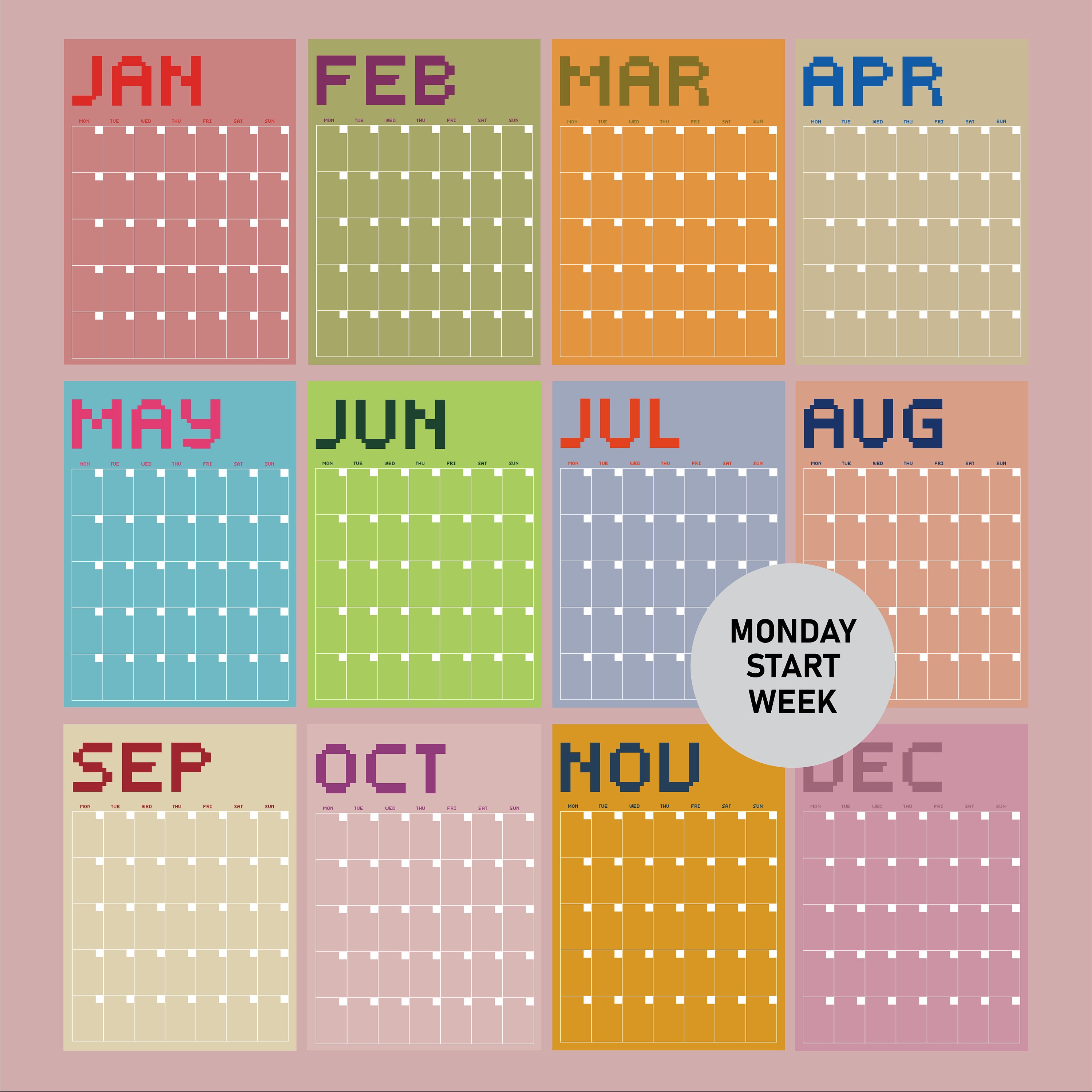 Large Monthly Wall Calendar Pixel Font A3 A4 PDF, Pastel Wall Planner ...