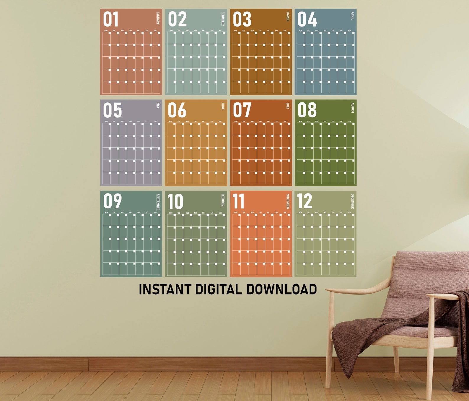 Undated Wall Calendar Printable PDF, Large Monthly Wall Planner ...