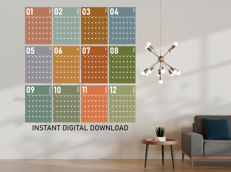 Undated Wall Calendar Printable PDF, Large Monthly Wall Planner ...