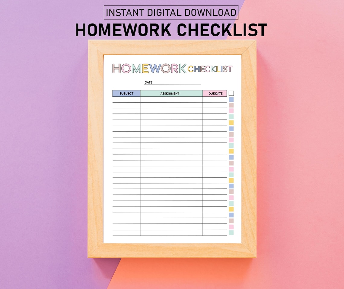 Homework Checklist Printable: Student Planner (digital Download) - Etsy UK