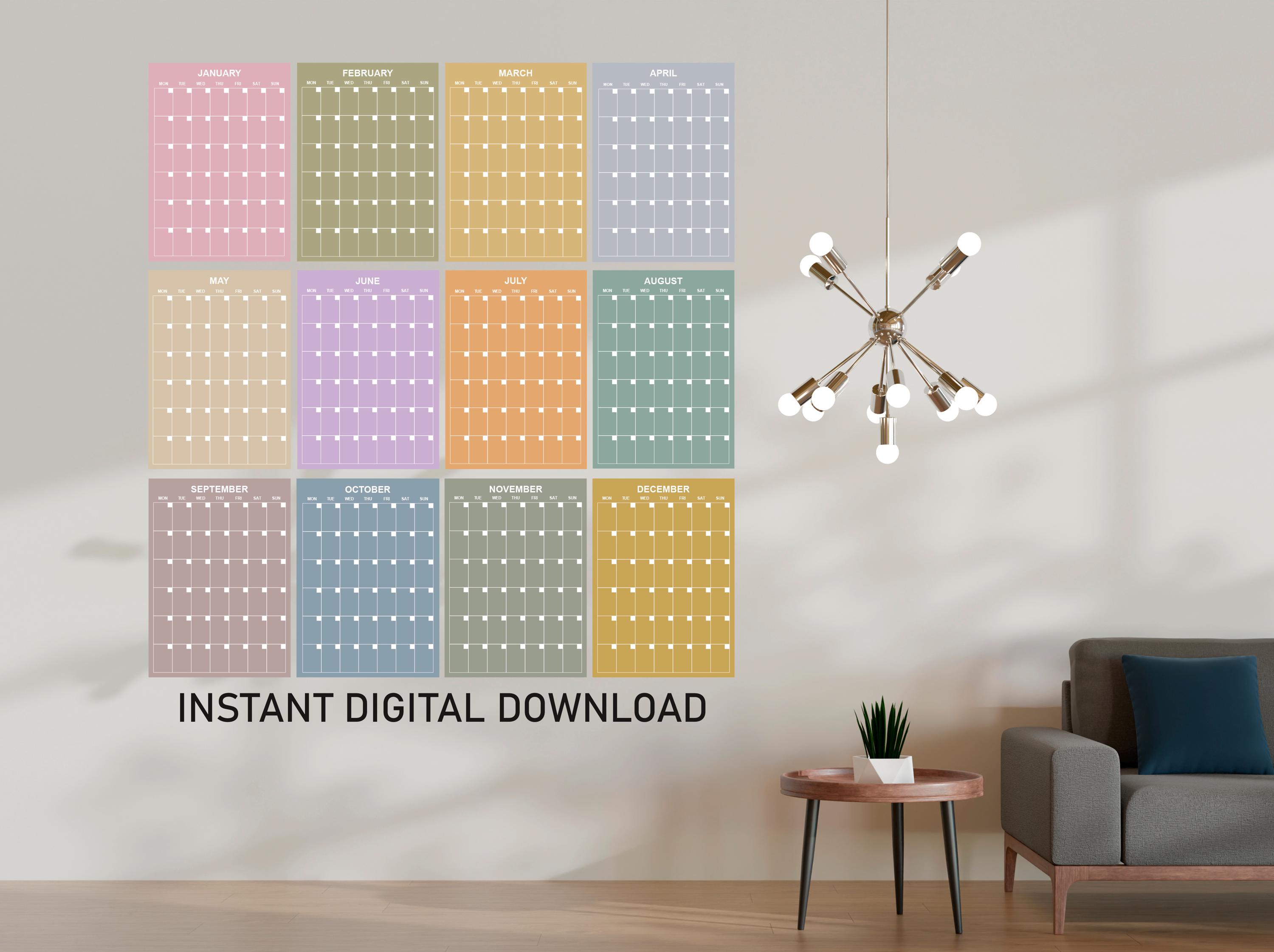 Large Monthly Wall Calendar A3 A4 PDF, Pastel Wall Planner, Undated ...