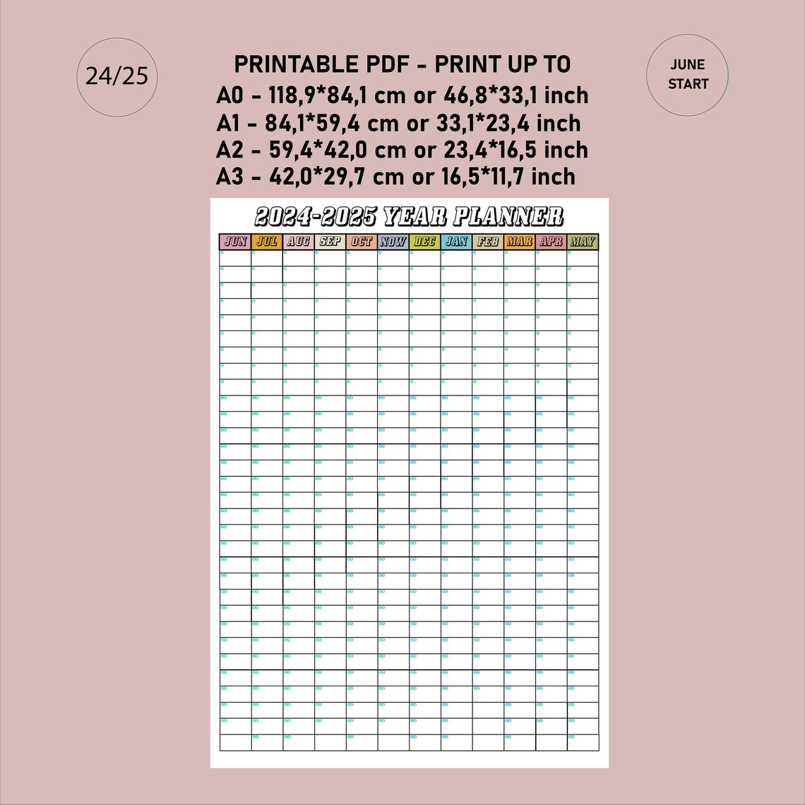 Academic Wall Calendar for 2024-2025 Year A0 A1 A2 A3 Size, School Year ...