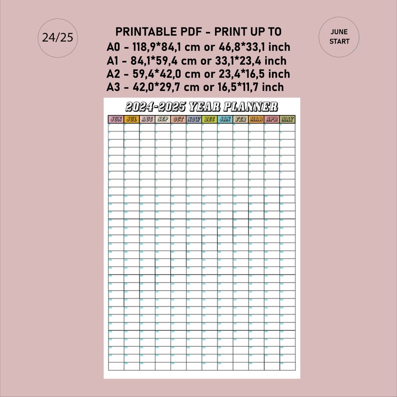 Academic Wall Calendar for 2024-2025 Year A0 A1 A2 A3 Size, School Year ...