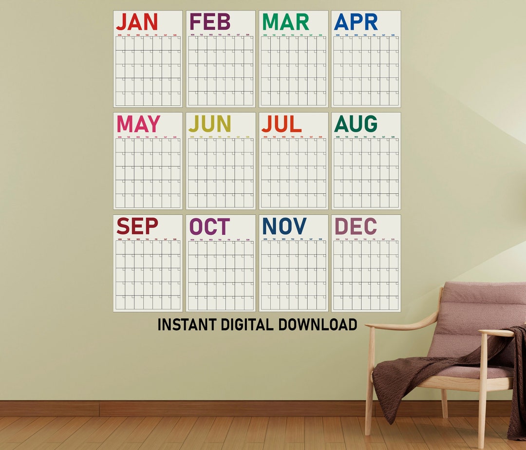 Large Monthly Wall Calendar Printable Bright, Pastel Wall Planner 2025 ...