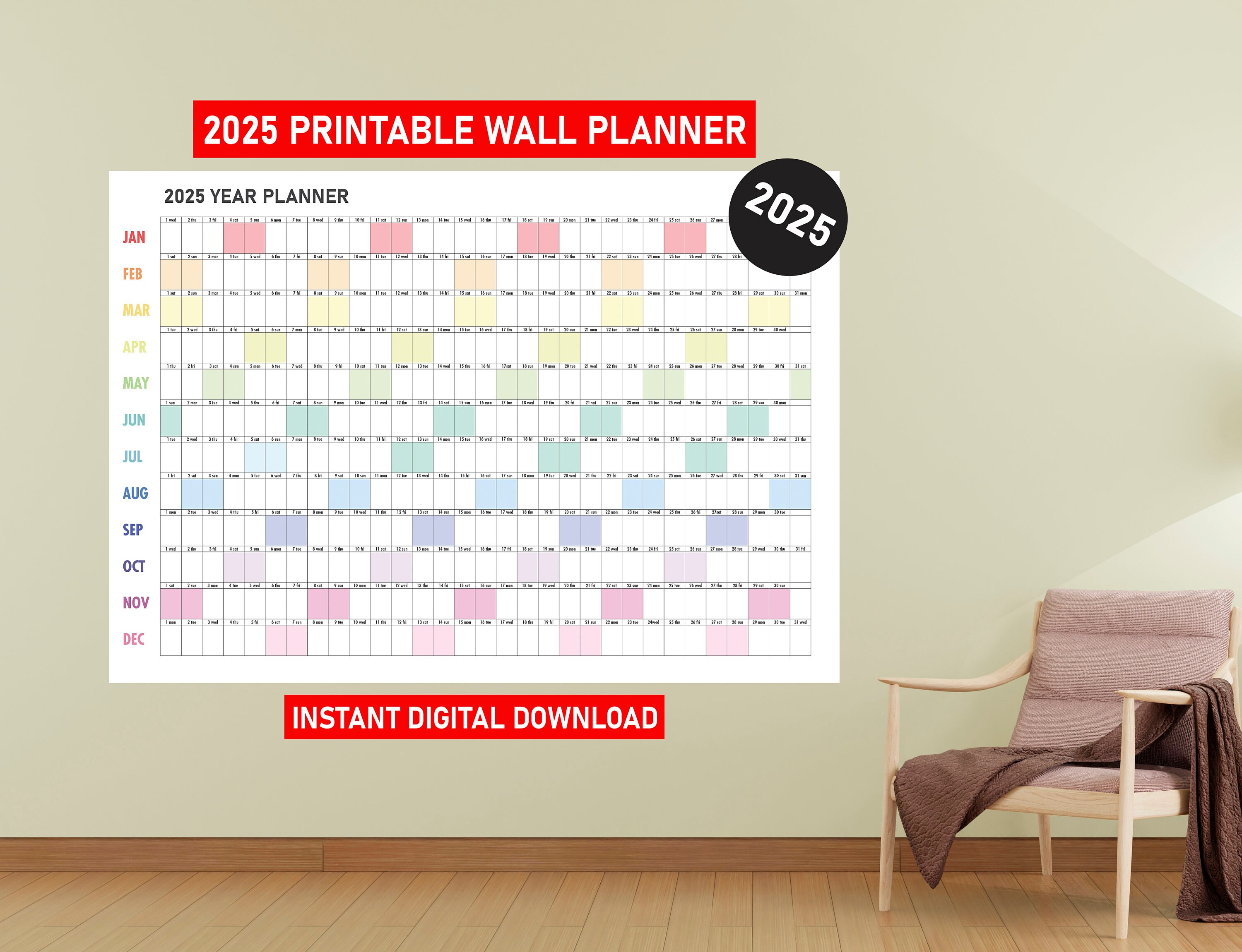 Wall Planner 2025 Printable PDF, 2025 Wall Calendar, Large Wall Planner ...