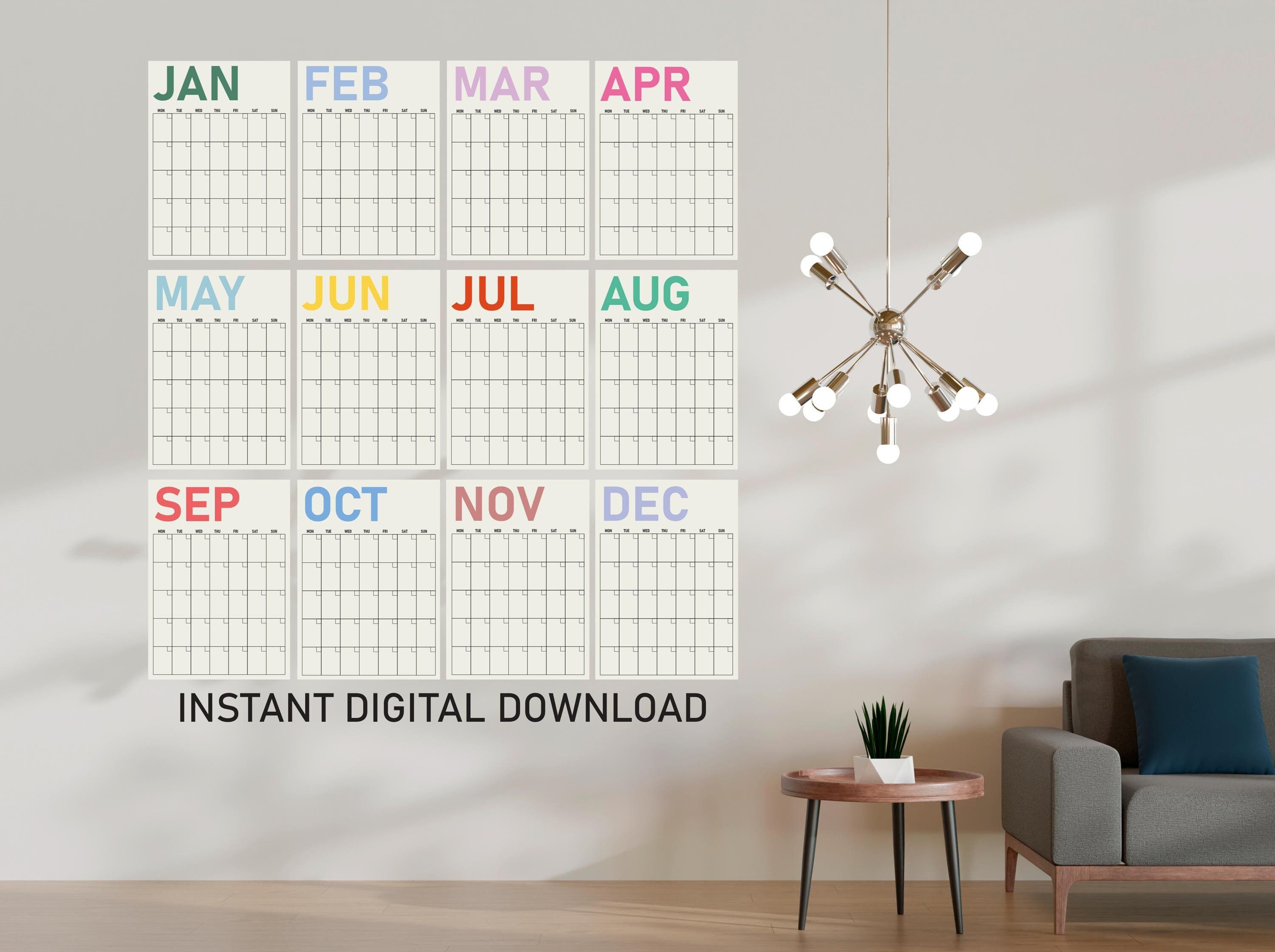 Large Monthly Wall Calendar Printable Bright, Monthly Wall Calendar ...