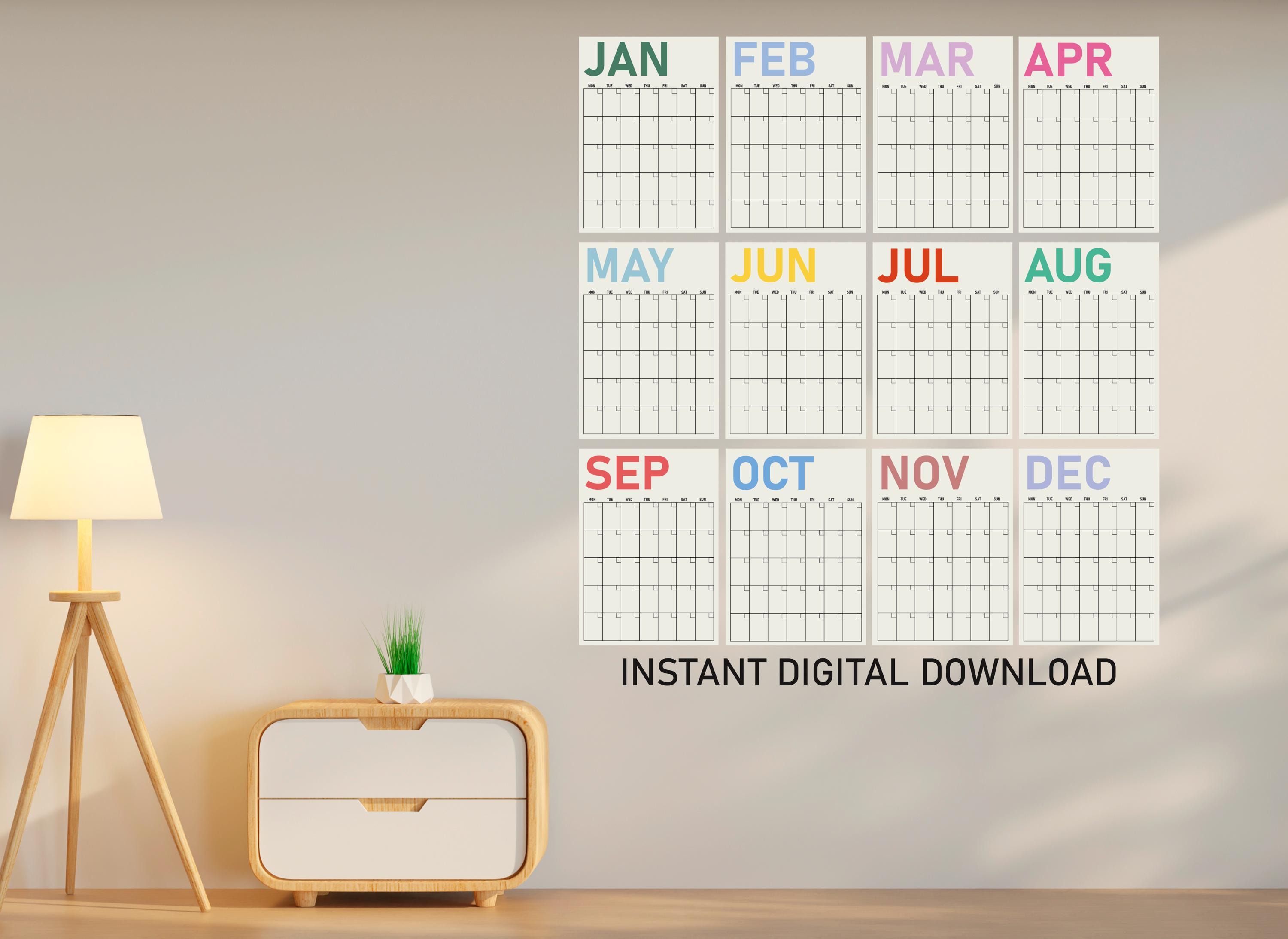 Large Monthly Wall Calendar Printable Bright, Monthly Wall Calendar ...