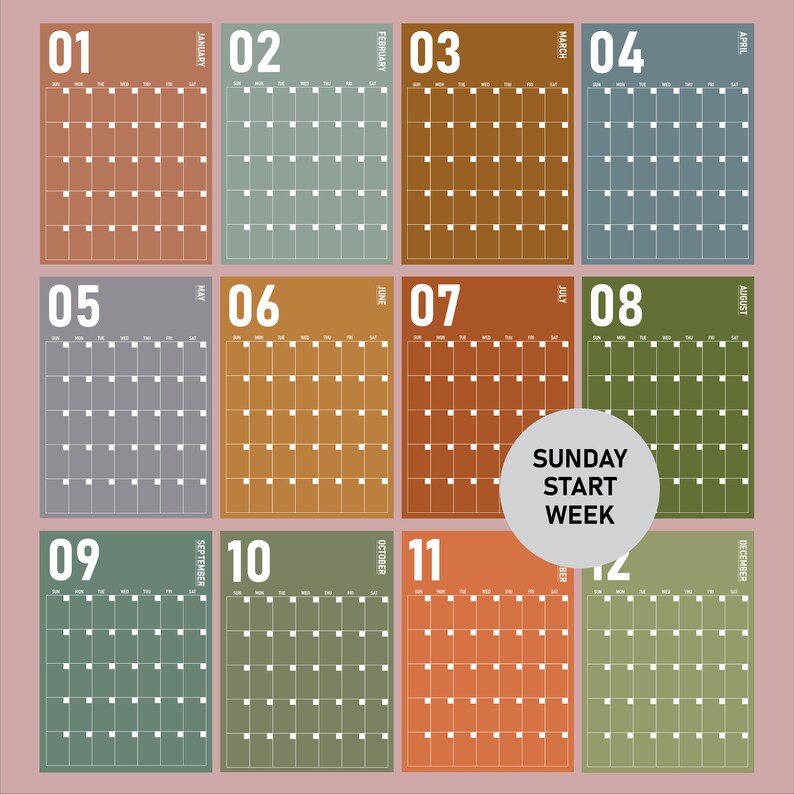 Undated Wall Calendar Printable PDF, Large Monthly Wall Planner ...