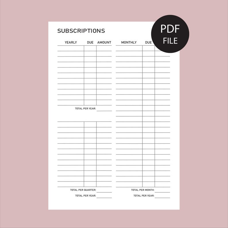 Subscription Tracker Printable, Membership Checklist, Expense Tracker ...