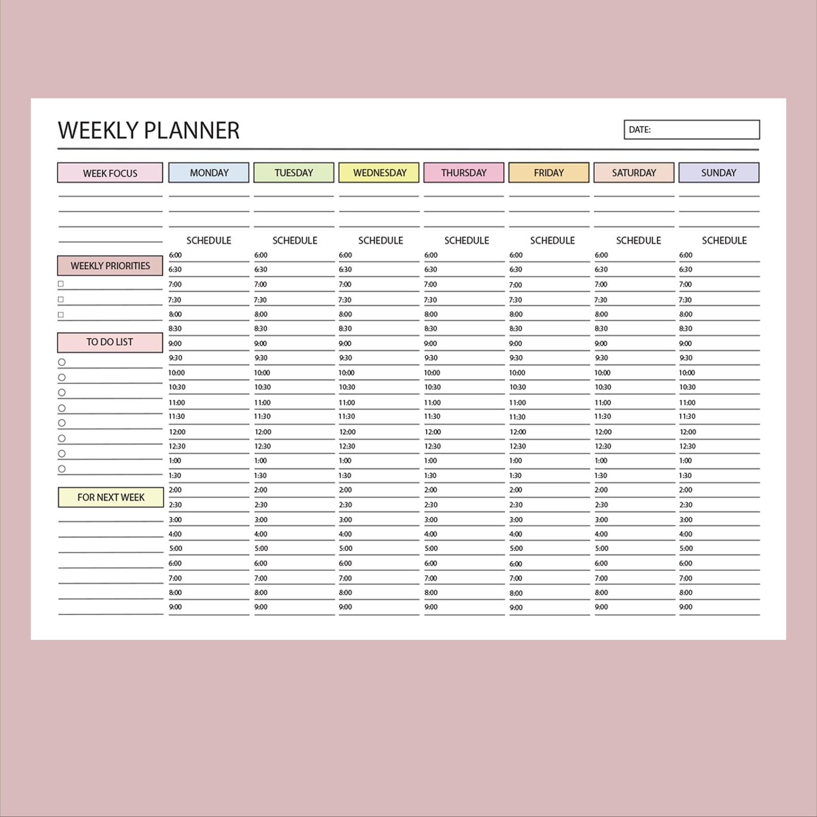 Weekly Planner Printable Landscape, Minimalist Weekly Schedule, Week at ...